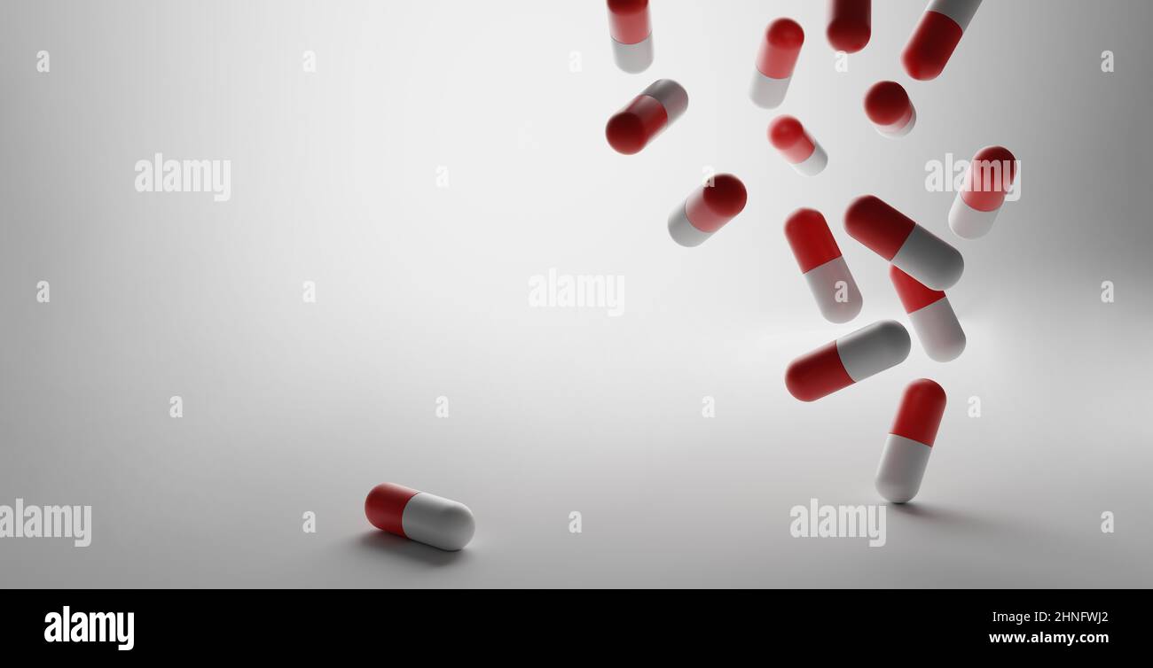 3D illustration of some falling capsules on a white background Stock ...