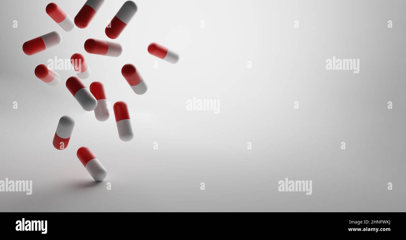 3D illustration of some falling capsules on a white background Stock ...