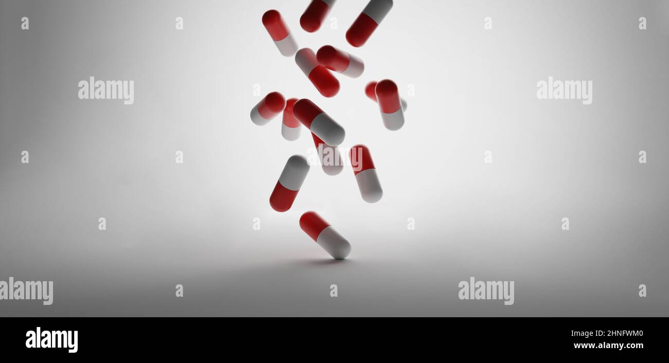 3D illustration of some falling capsules on a white background Stock ...