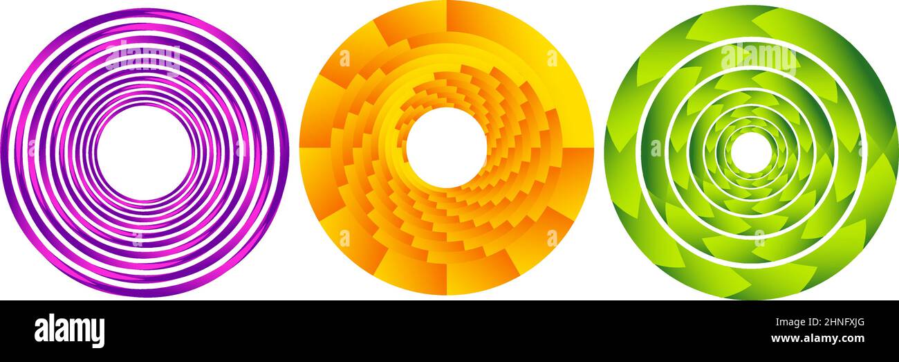 Set of 3 abstract geometric circle icon. Spiral, swirl, twirl circular ...