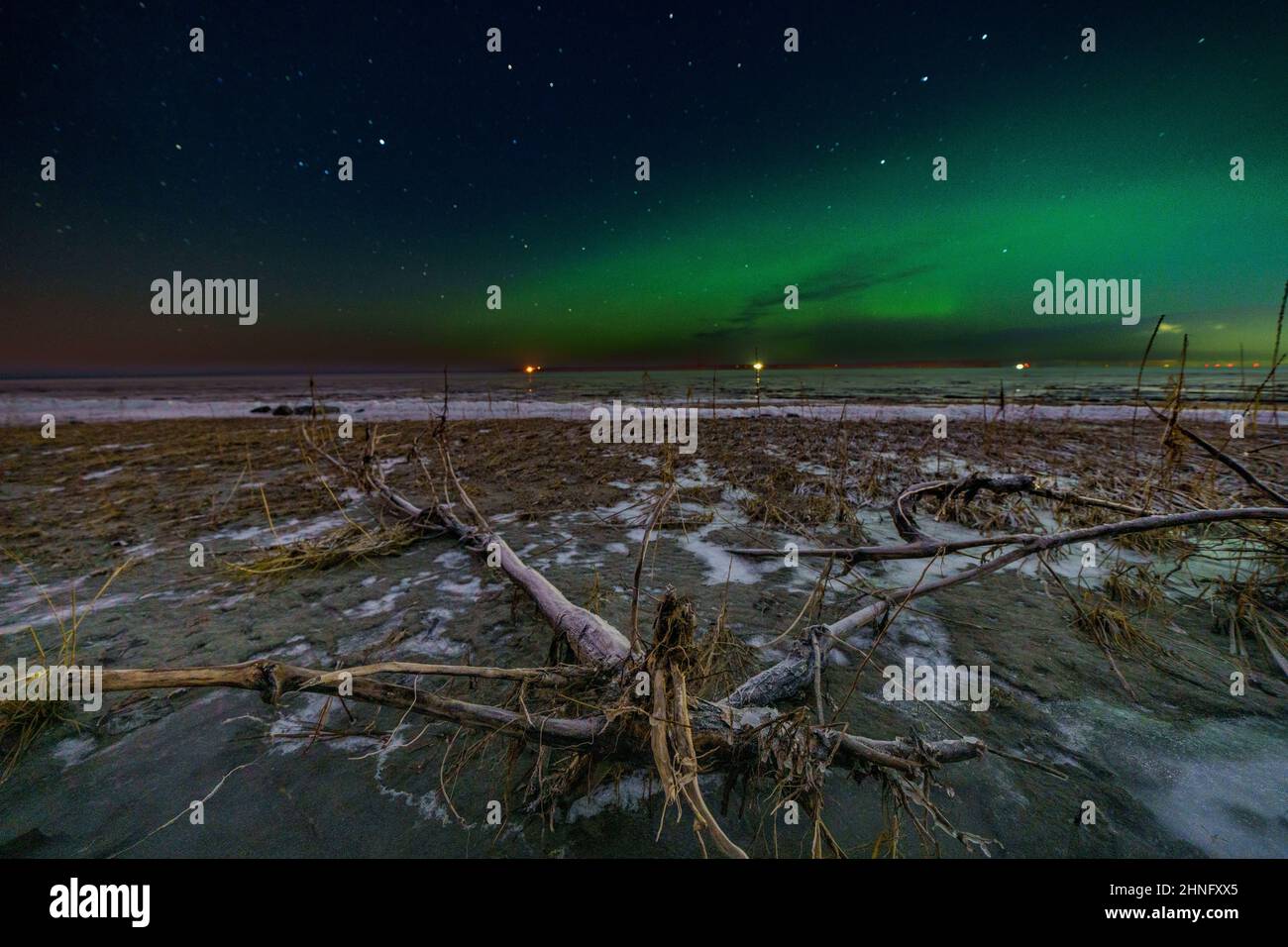 The Aurora Borealis dances over Cook Inlet while the tide is out in ...