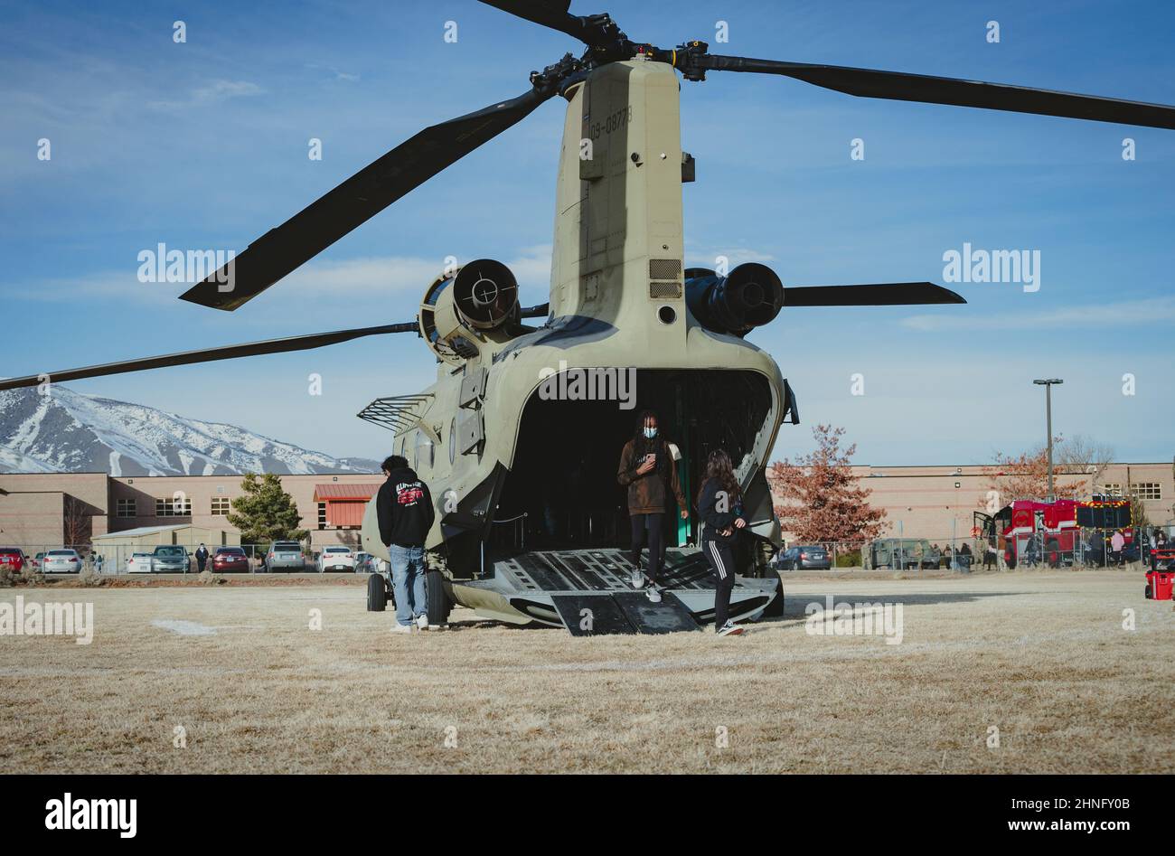 A Nevada Army National Guard CH-47 Chinook helicopter sits on a field ...