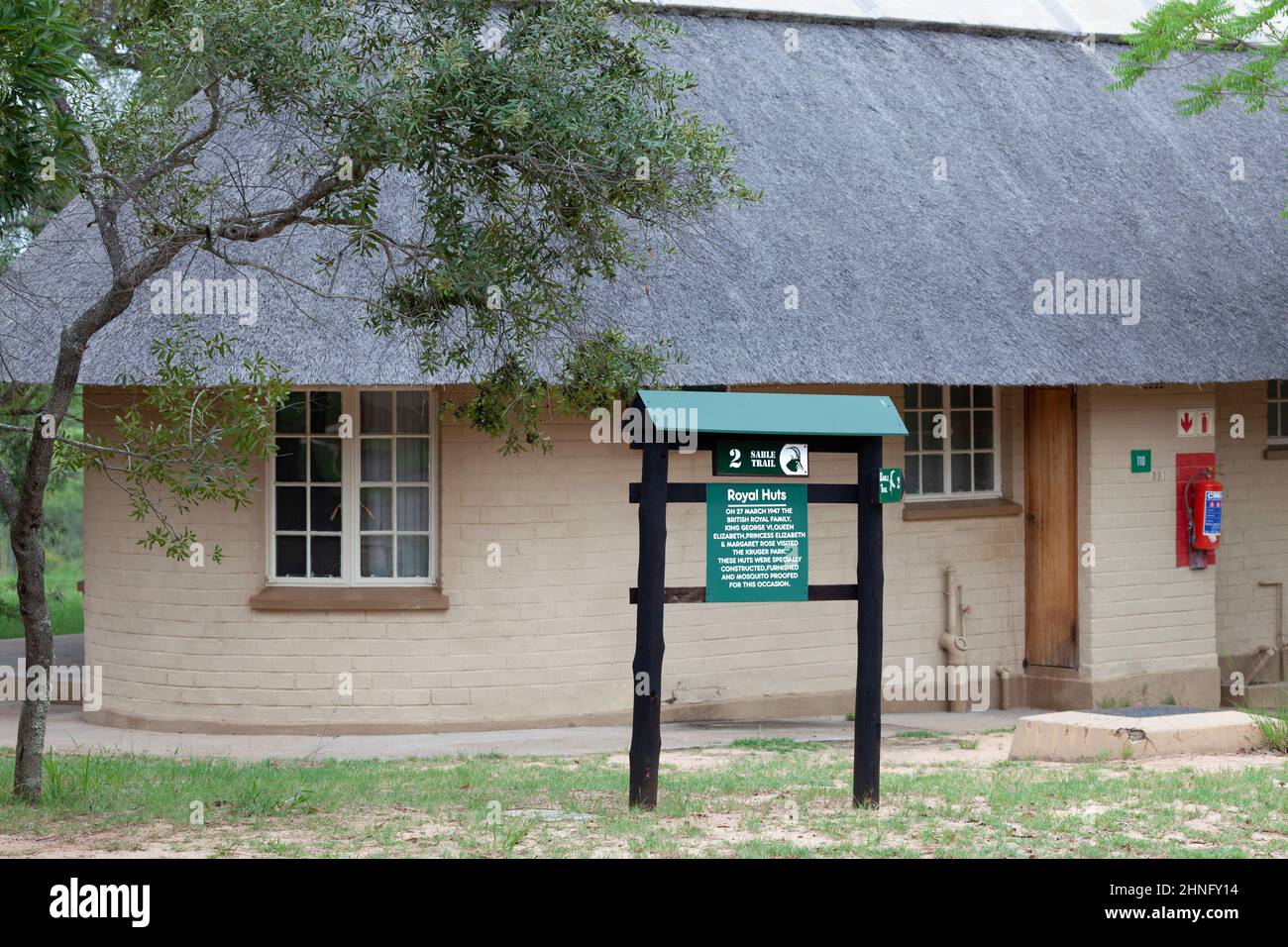 Sign outside an accommodation hut in Pretoriuskop rest camp in Kruger ...