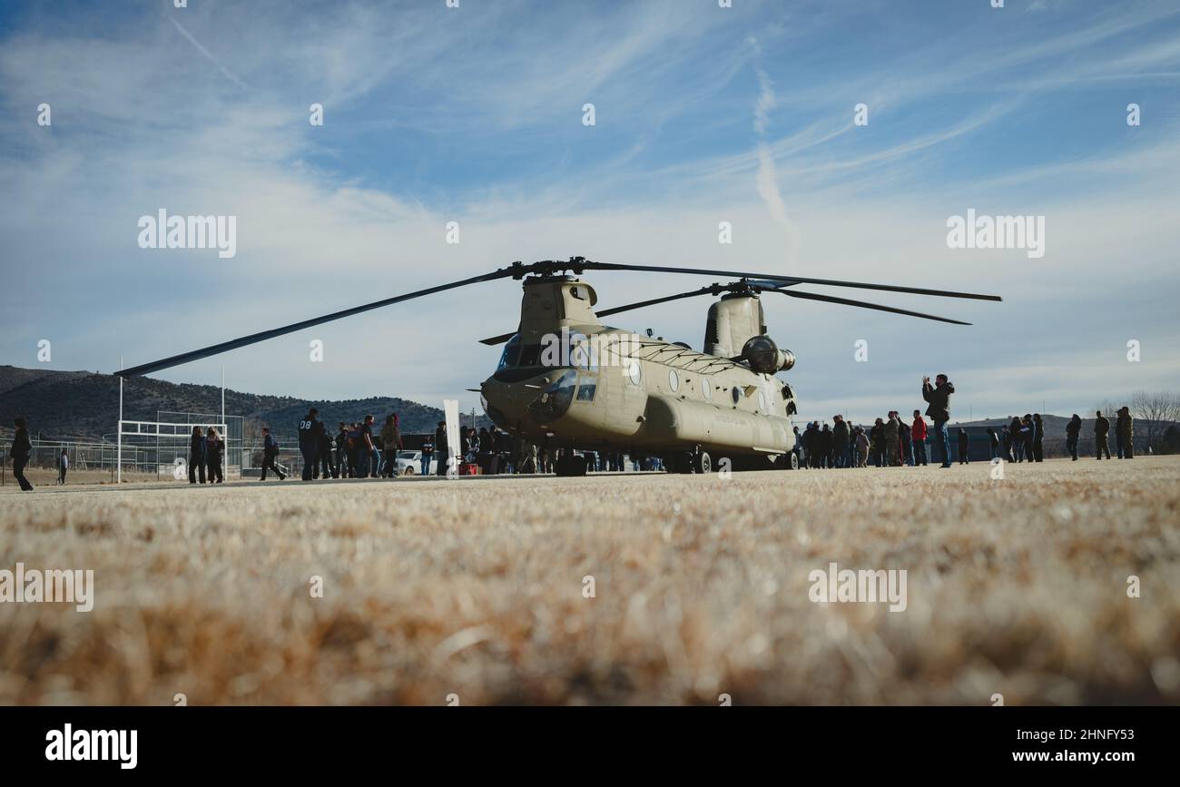 A Nevada Army National Guard CH-47 Chinook helicopter sits on a field ...