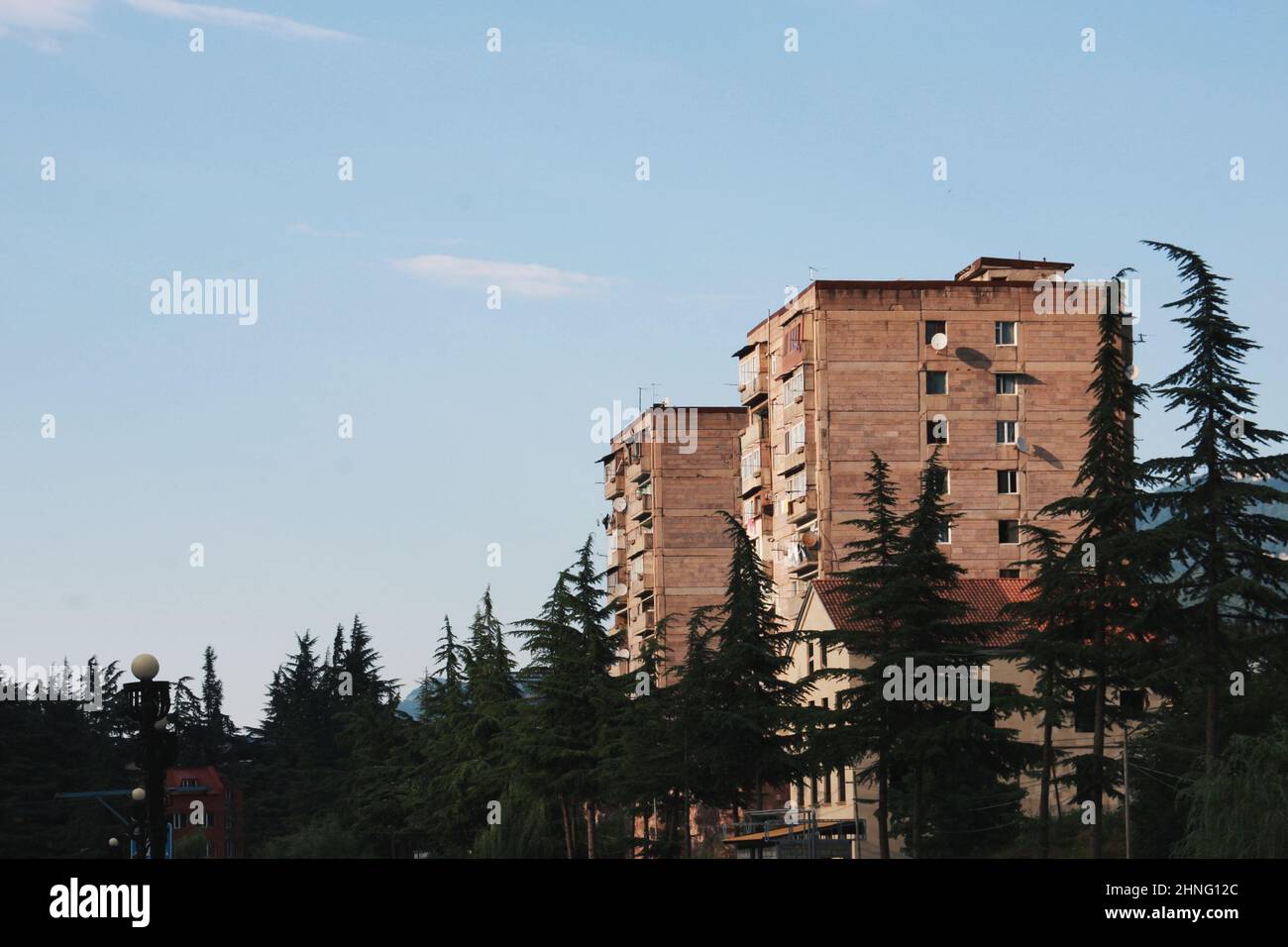 Multi-storey apartment blocks behind pine trees in Armenia Stock Photo ...