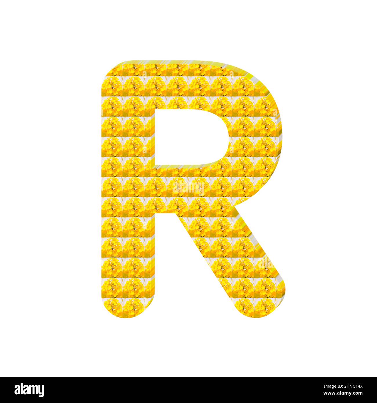 3d illustration of a letter R composed of yellow mustard flowers ...
