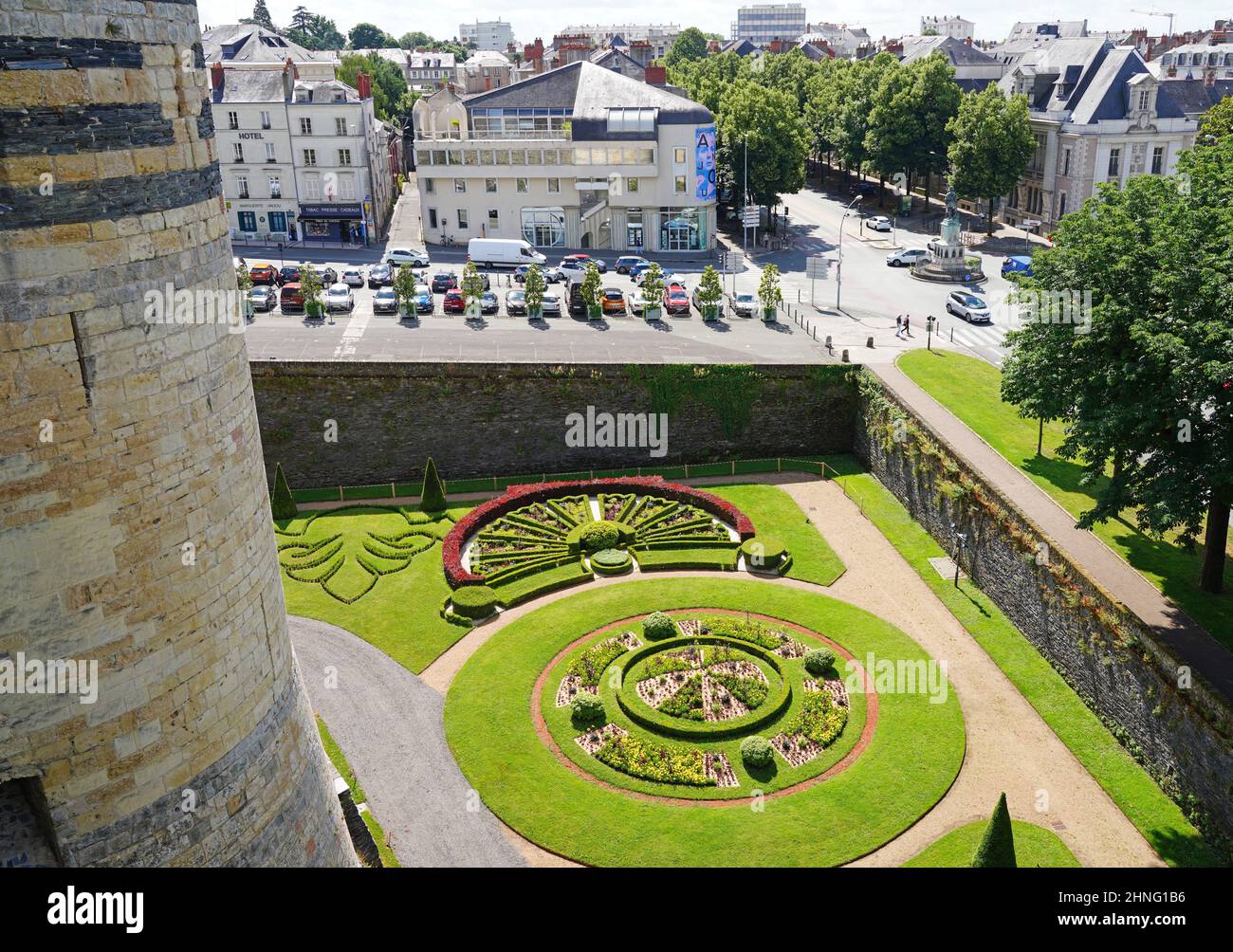 ANGERS, FRANCE -21 JUN 2021- View of the formal gardens of the historic ...