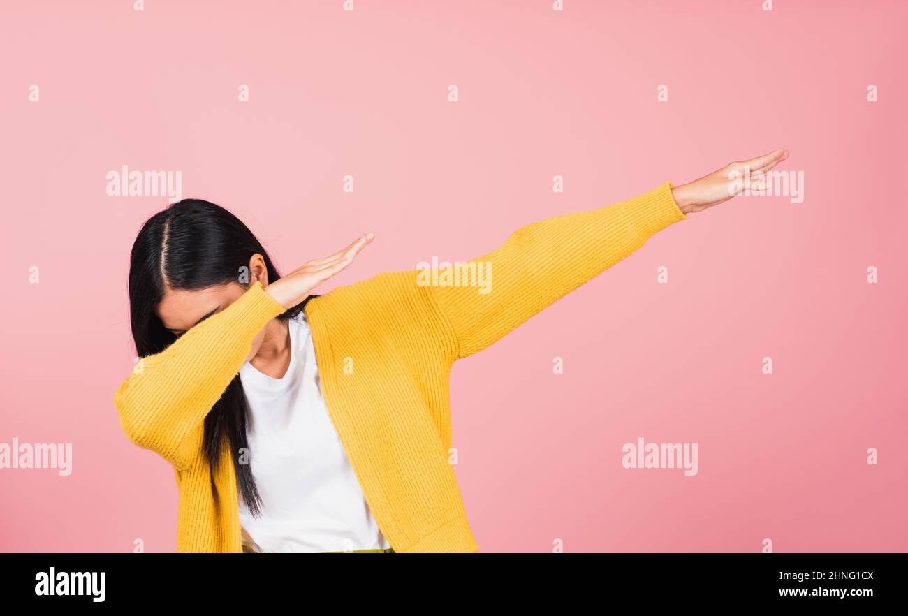 Asian happy portrait beautiful cute young woman teen smile standing ...