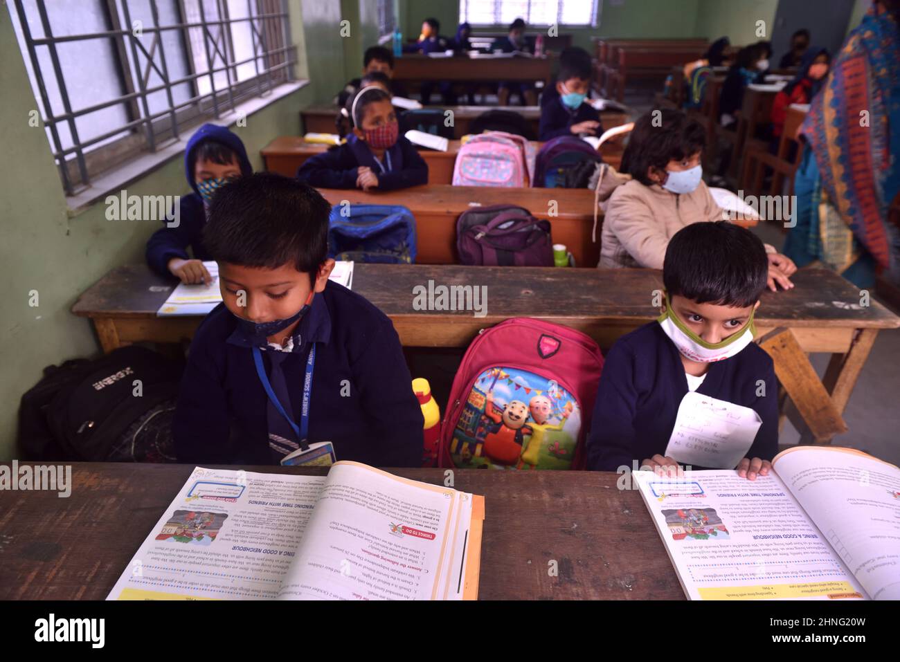 Kolkata, India. 16th Feb, 2022. Children attend their physical class as primary and upper ...