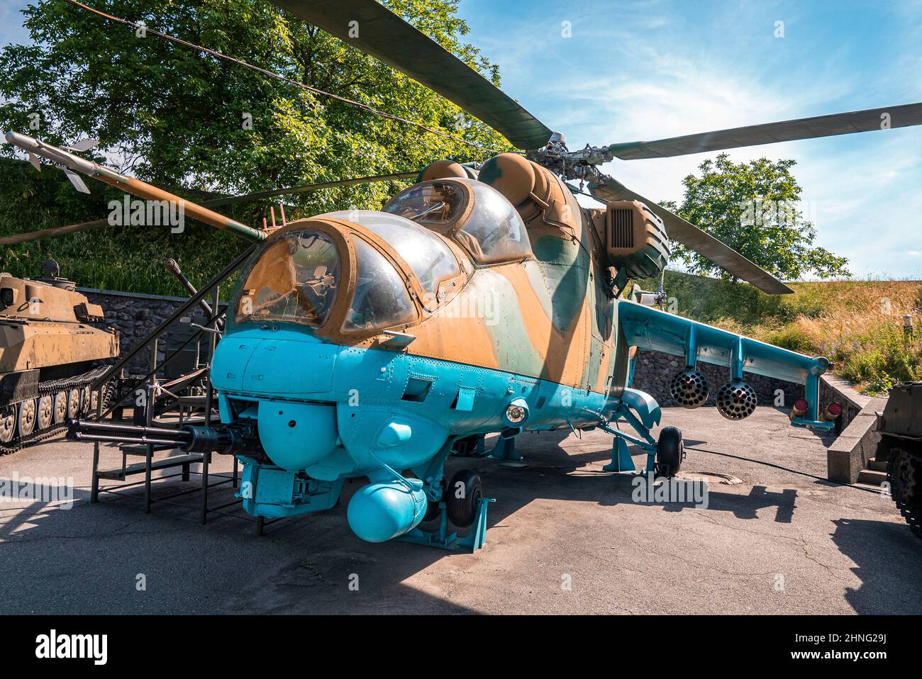 Mil Mi-24 large gunship and attack helicopter at the museum Stock Photo ...