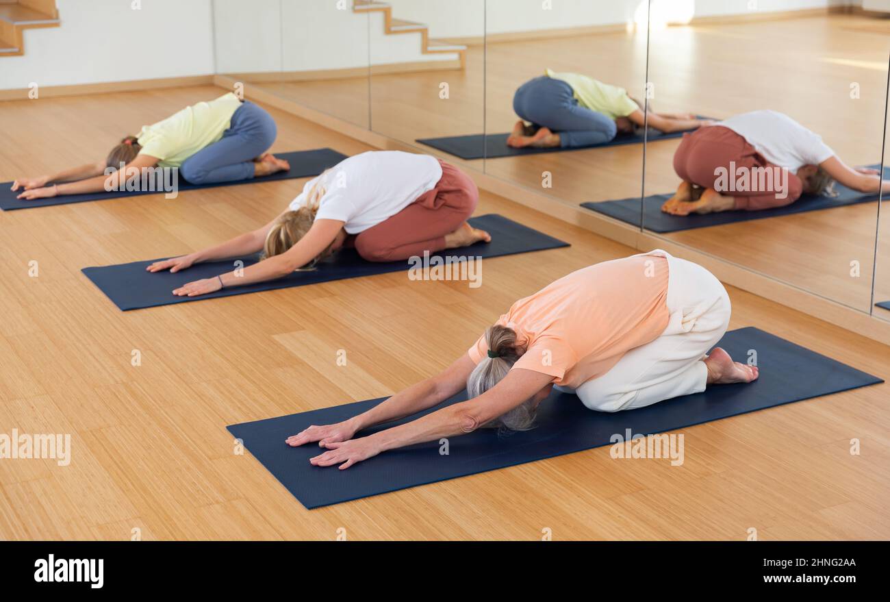 Female group perform asanas for yoga in comfortable classroom Stock ...