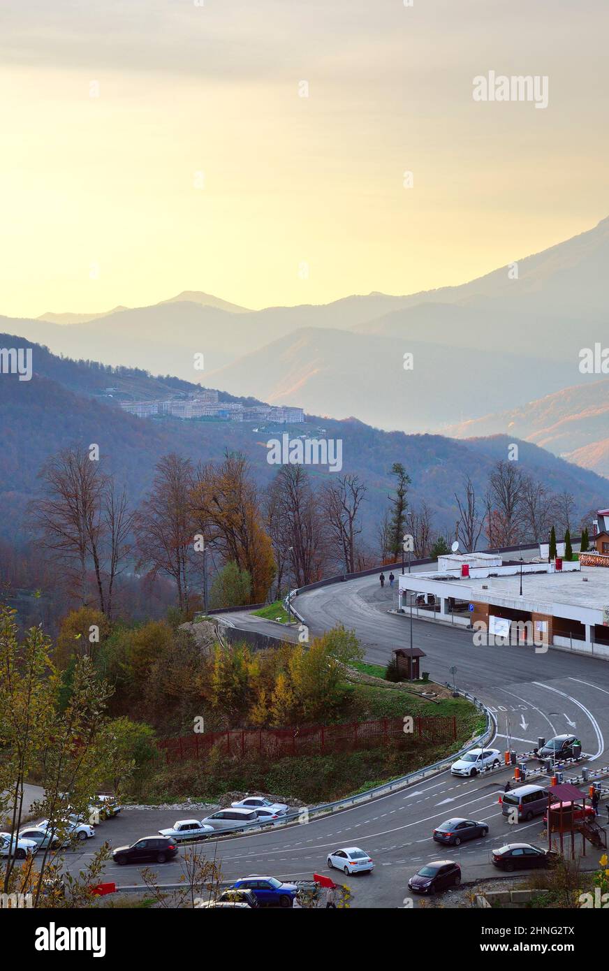 Rosa Khutor, Sochi, Russia, 11.01.2021. Mountain road in the evening ...