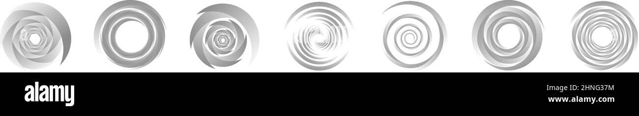 Set of grayscale, gray abstract spiral, swirl, twirl and whirl elements ...