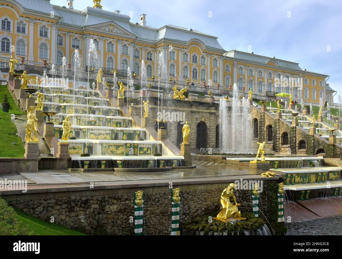 Peterhof/Russia-09.01.2020: terrace of the Grand Palace. Bottom view of ...