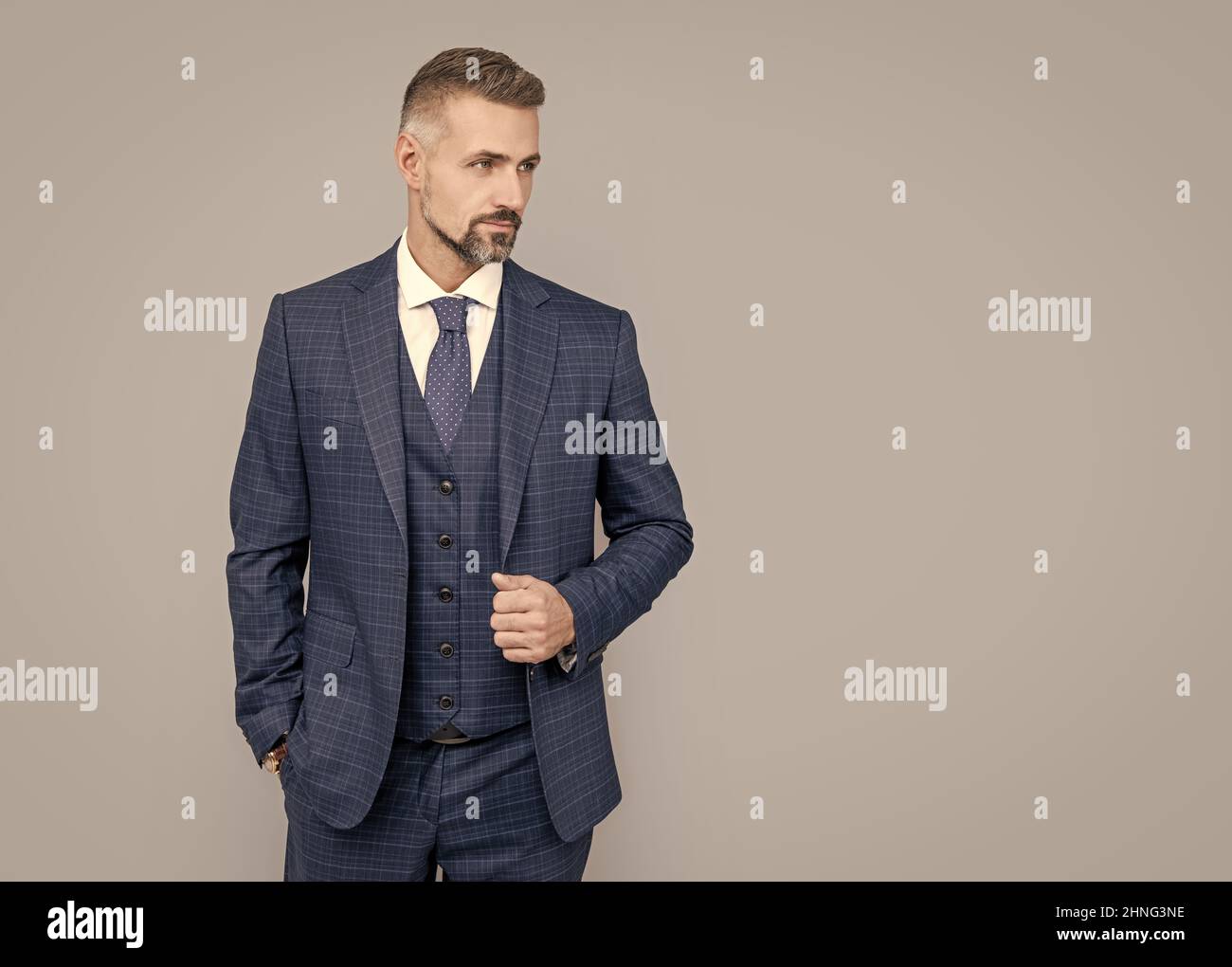 mature man ceo with grizzled hair in formal suit copy space ...