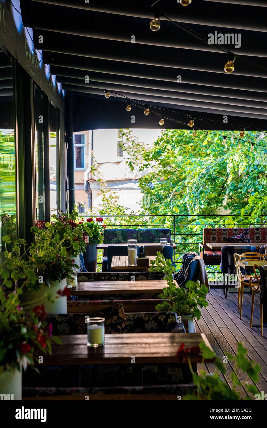 Decorated luxury restaurant with empty chairs and tables Stock Photo ...