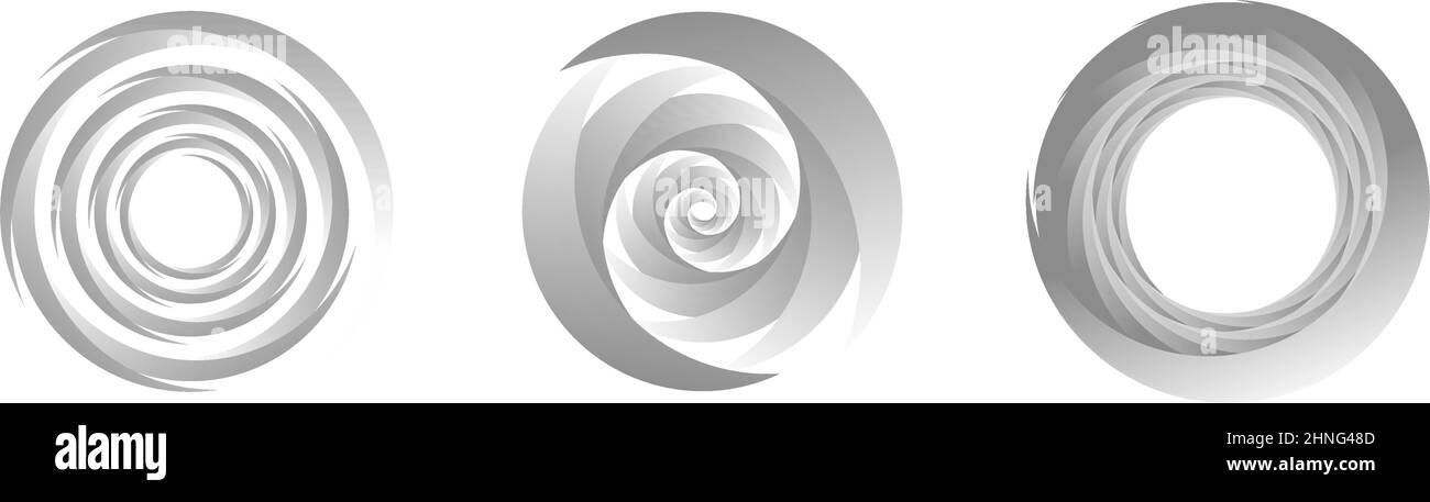 Set of grayscale, gray abstract spiral, swirl, twirl and whirl elements ...