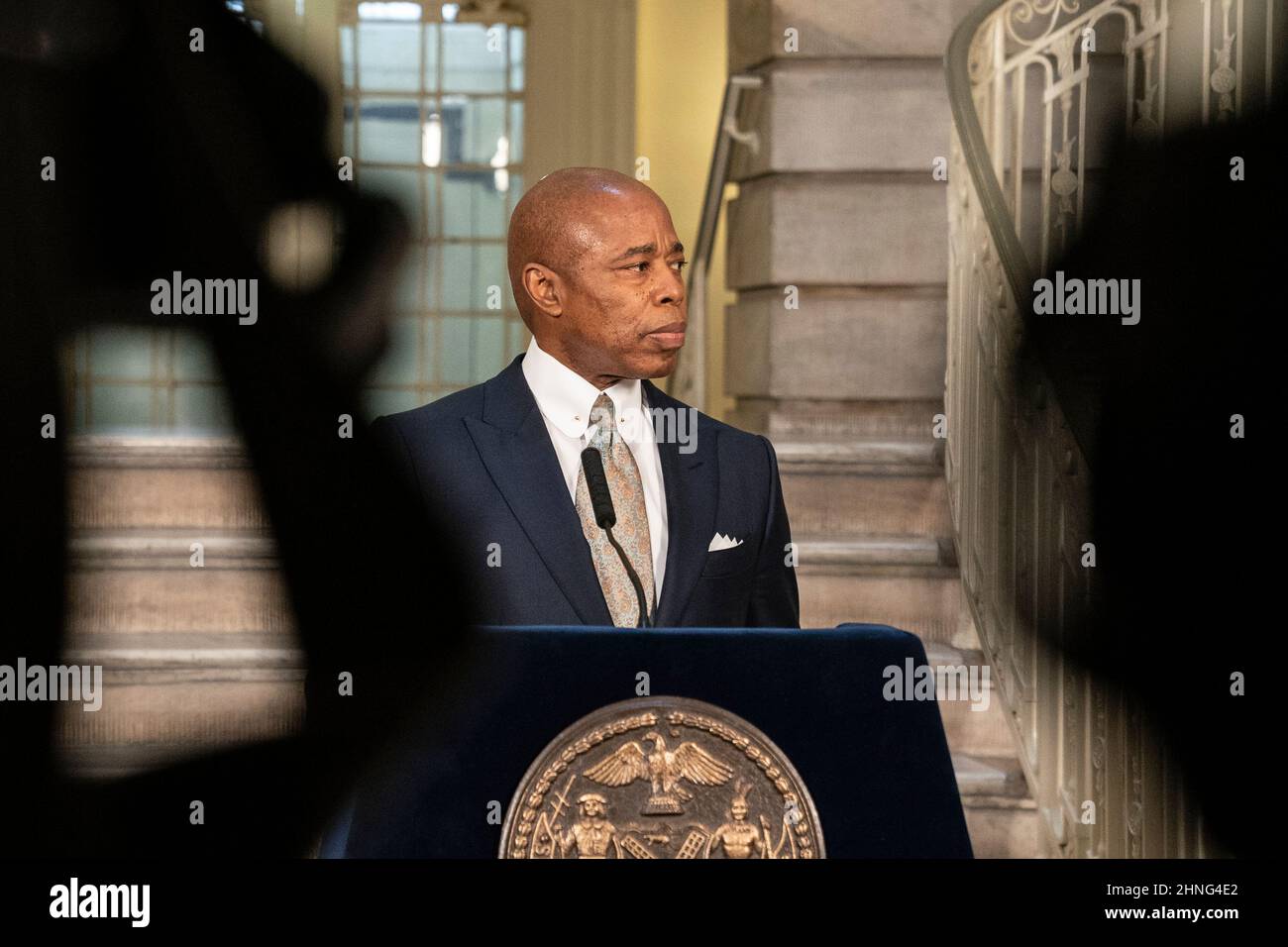 New York, NY - February 16, 2022: Mayor Eric Adams holds press briefing on city preliminary ...