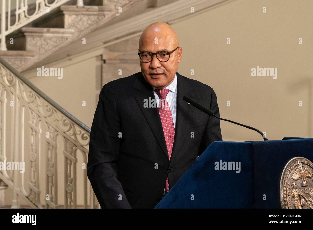 New York, USA. 16th Feb, 2022. Jacques Jiha speaks during Mayor Eric ...