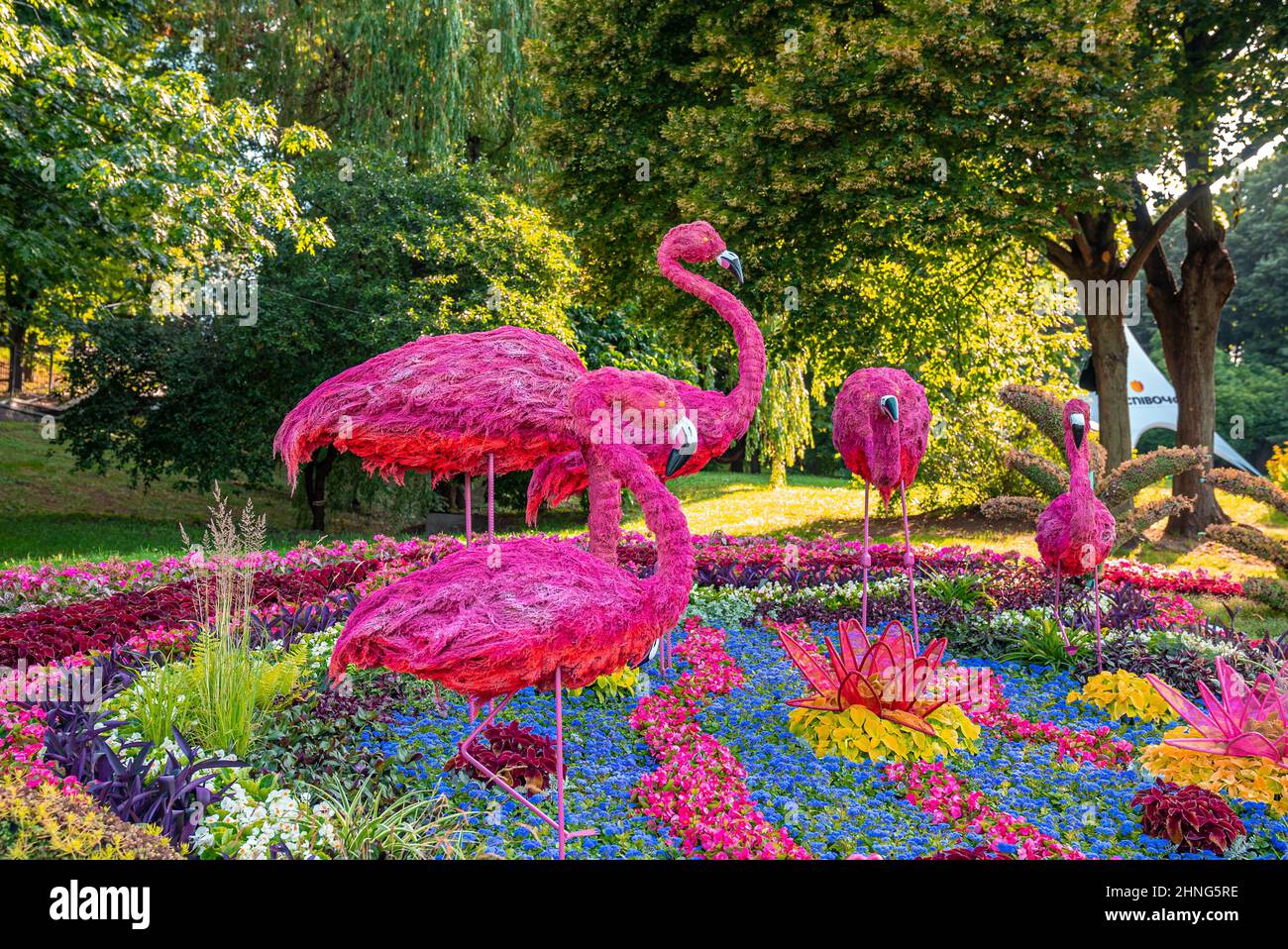 Pink flamingos figure standing in colorful flowers exhibition at garden ...