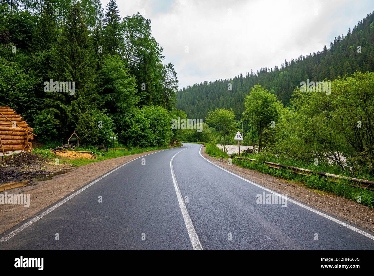 Curved asphalt road with white surface marking through forest Stock Photo - Alamy