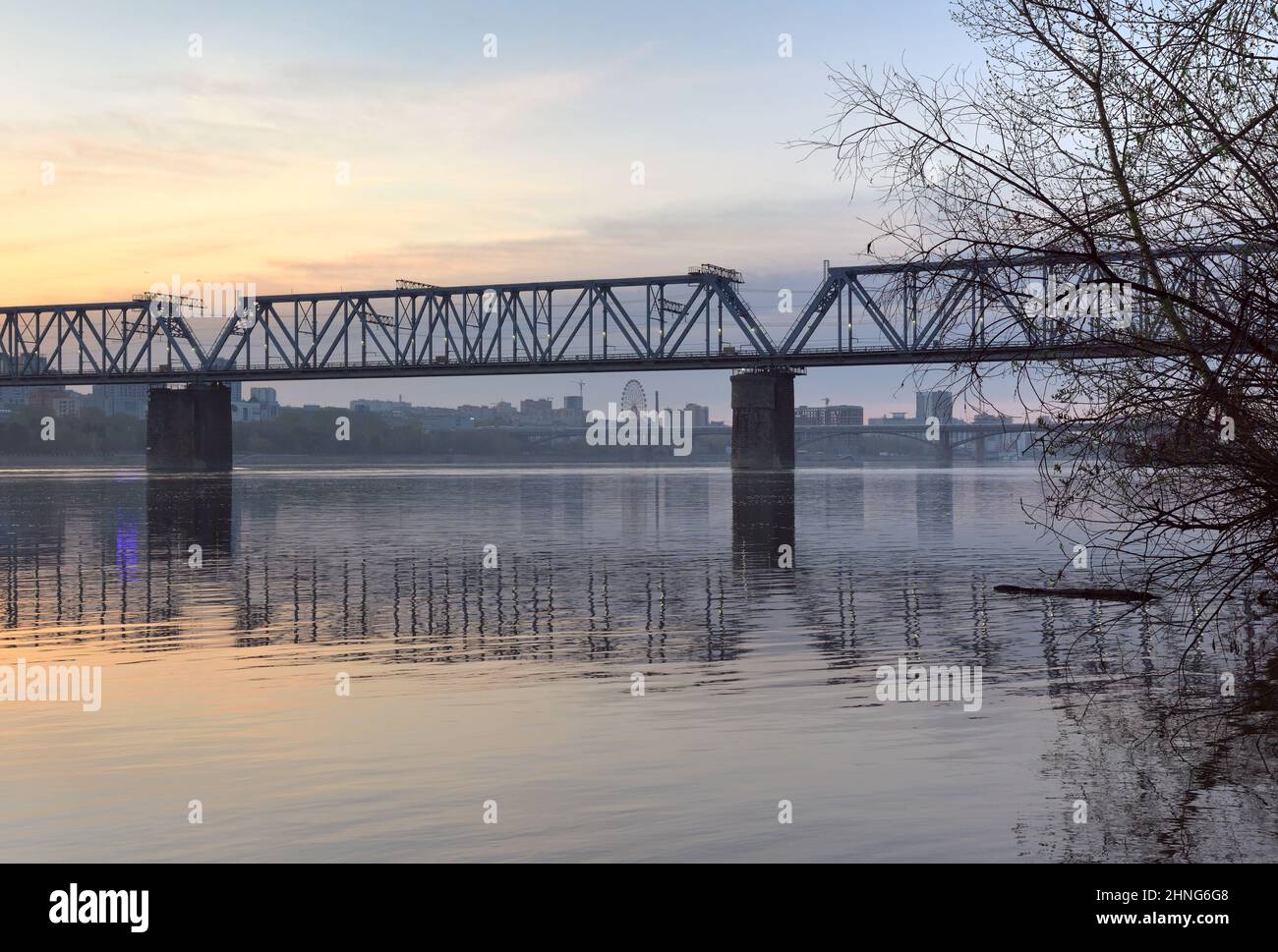 Early morning on the great Siberian river, cities on the Bank in the ...
