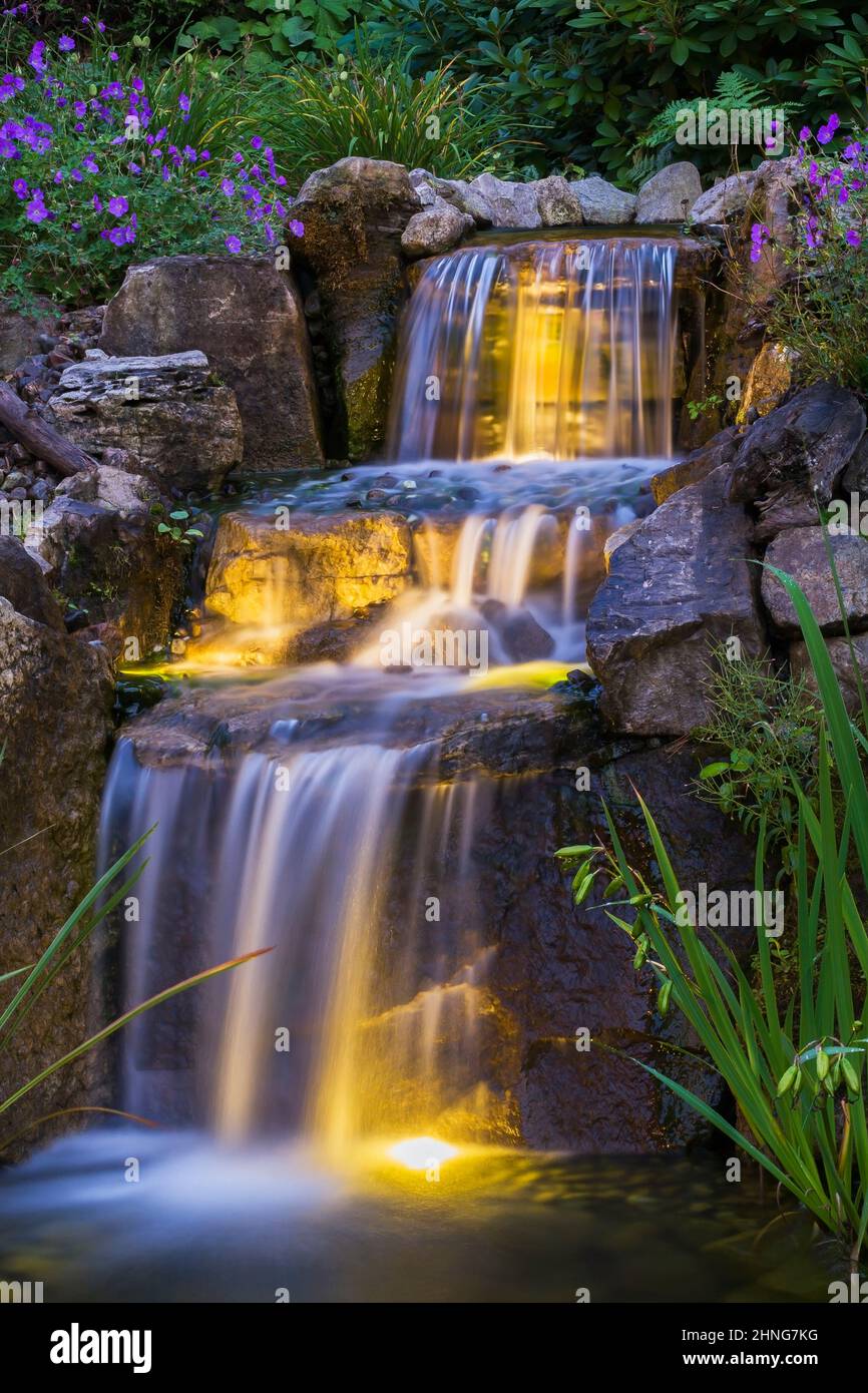 Cascading waterfall borderd by Geranium 'Rozanne' - Cranesbill flowers ...