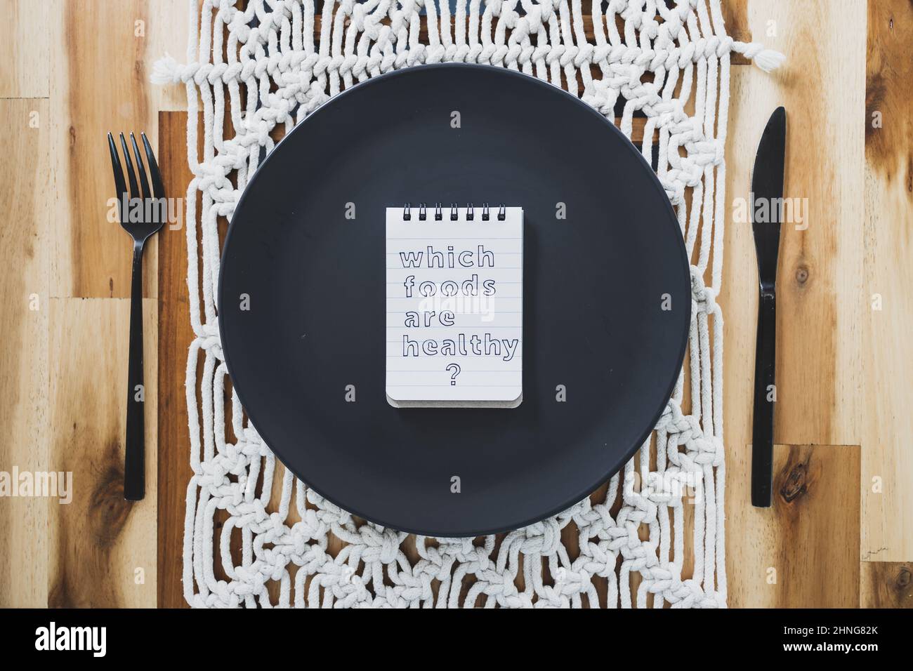 Which foods are healthy text on dining plate with fork and knife ...
