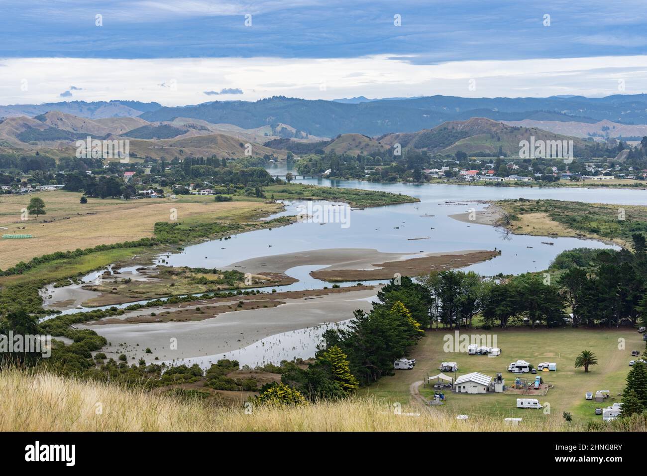 View of Tolaga Bay coast and estuary from hill above on East Coast ...