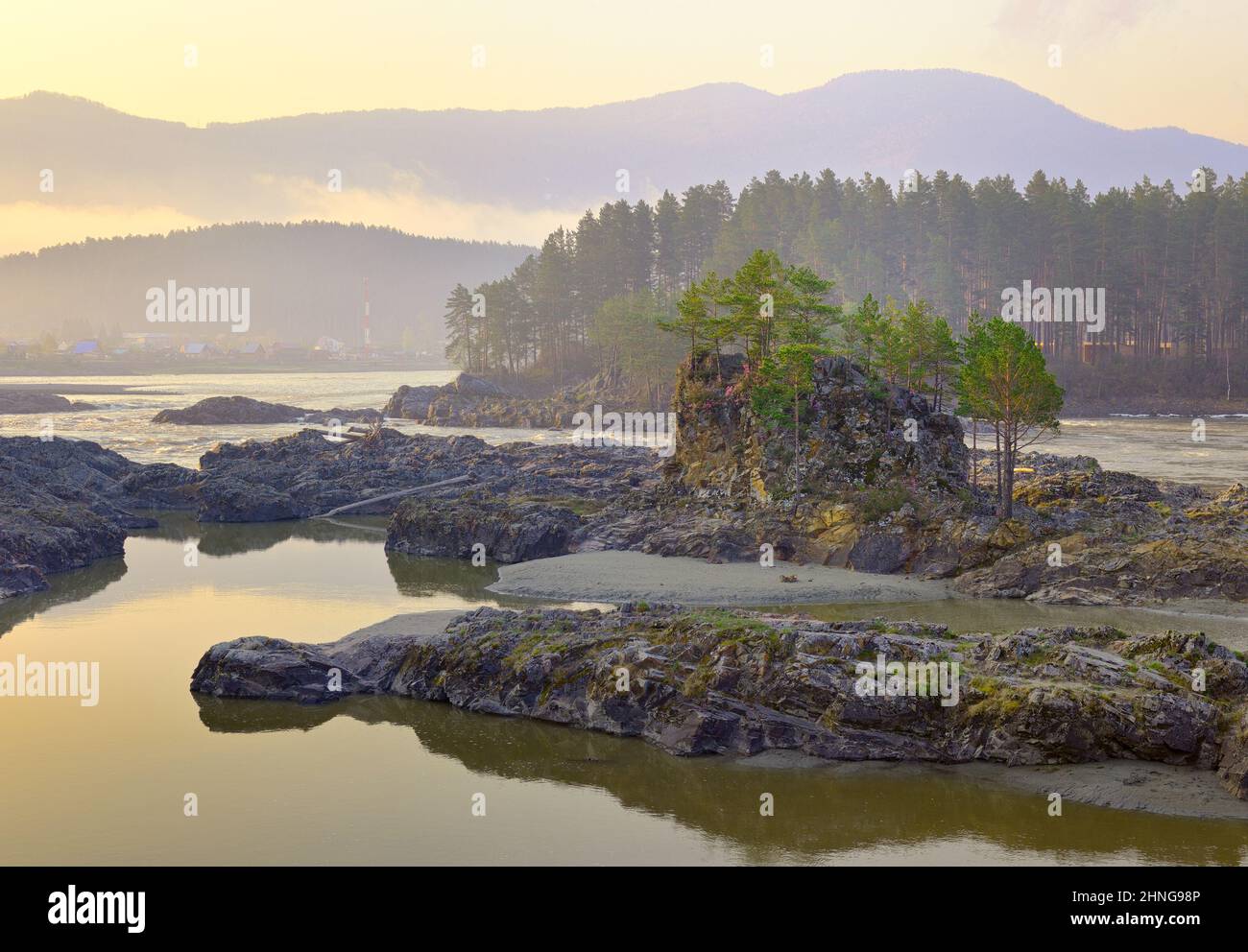 Manzherok rapids in the Altai Mountains. Rocky islands on the Katun ...