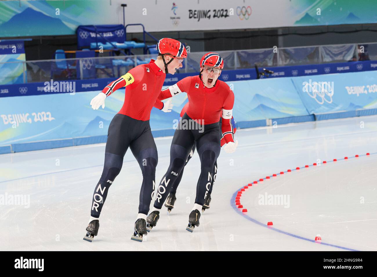 Beijing, China. 15th Feb, 2022. Norway team group (NOR) Speed Skating ...
