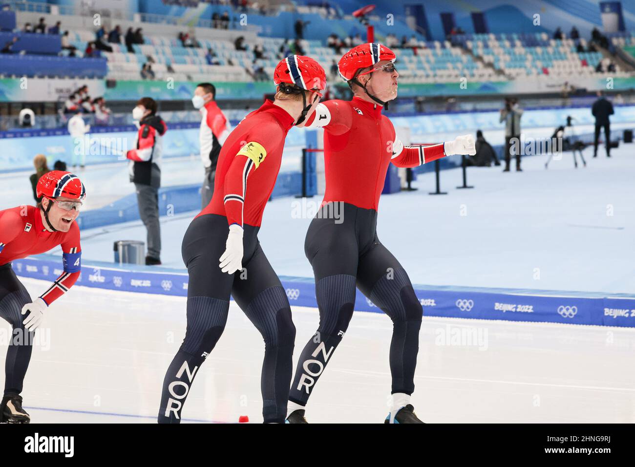 Beijing, China. 15th Feb, 2022. Norway team group (NOR) Speed Skating ...