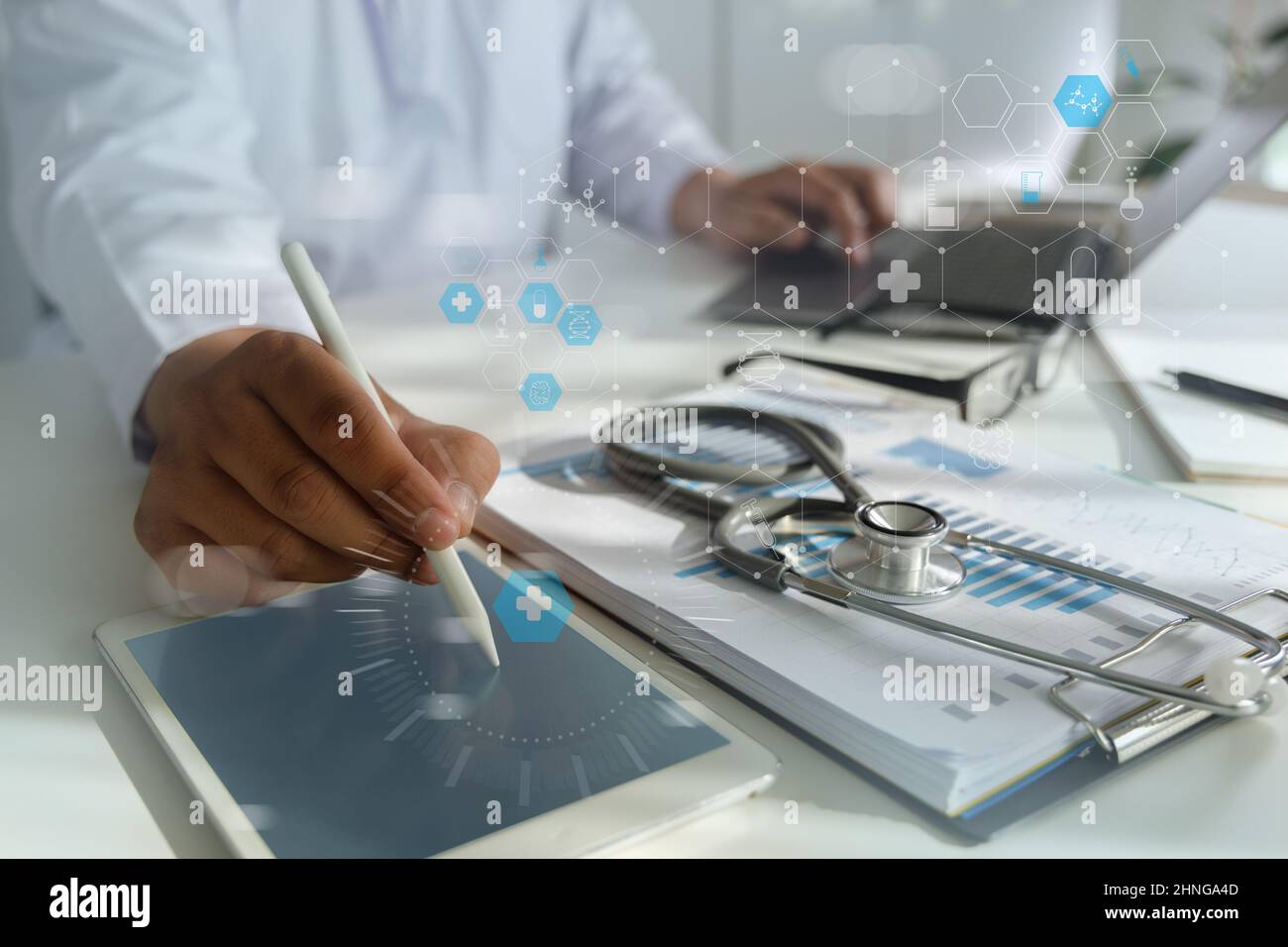 Insurance Healthcare Doctor analyzing medical report and medical on ...