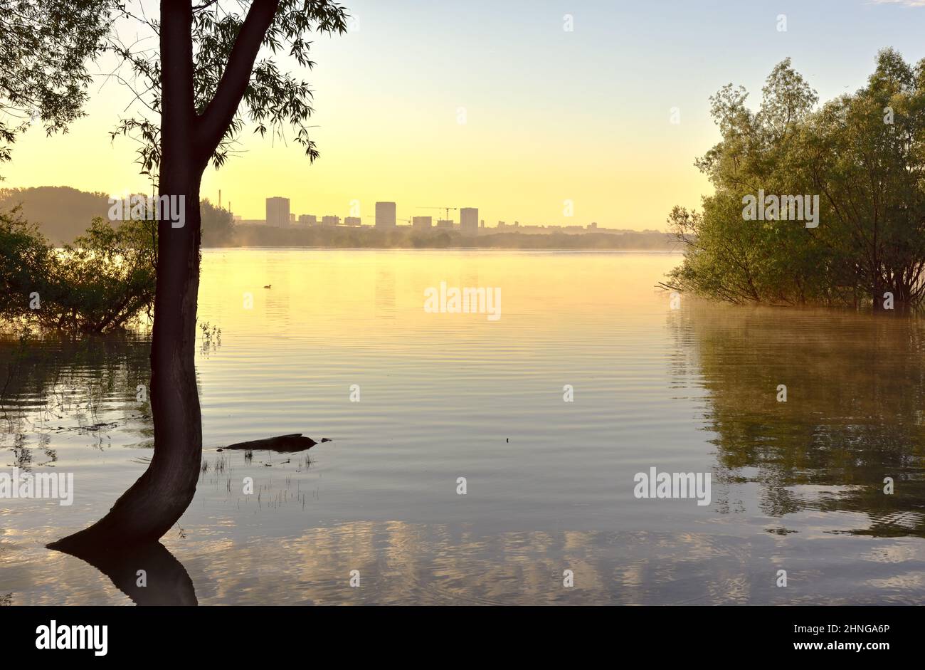 High water on the great Siberian river Ob, urban development on the ...
