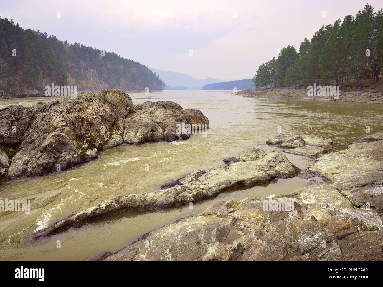 Manzherok rapids in the Altai Mountains. Rocky bank of the Katun River ...