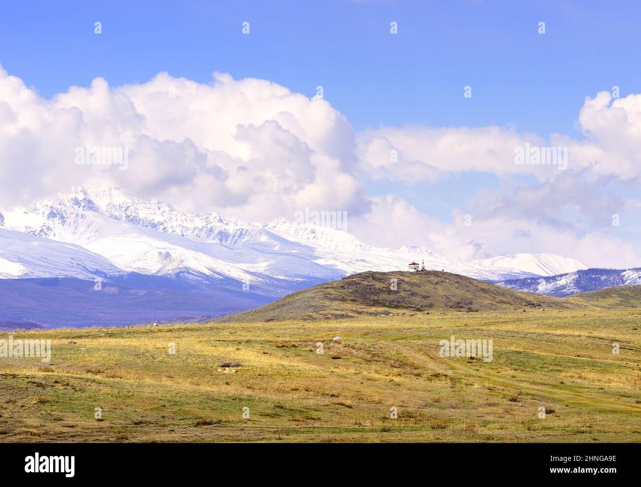 Kurai steppe in spring. Viewing gazebo on a hilltop in the middle of ...