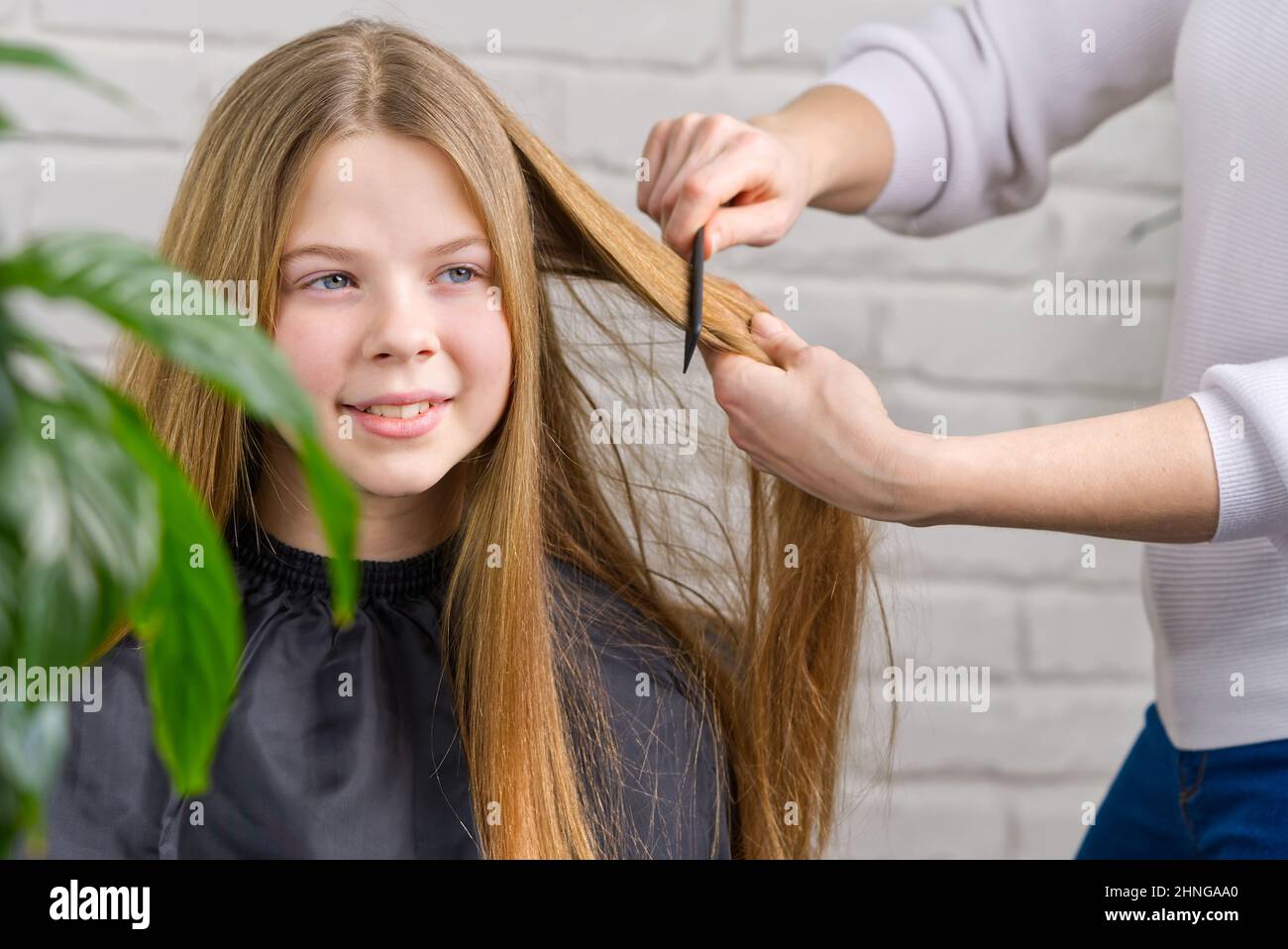 Hairdresser making a hair to cute girl in hair salon. Young girl at ...