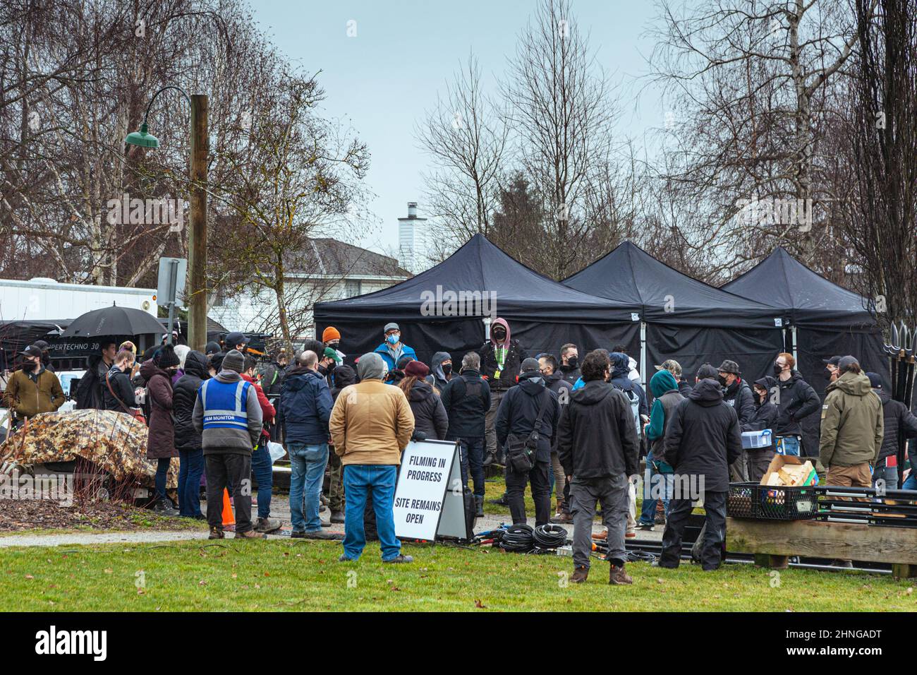Crew meeting in preparation for a filming sequence in Steveston British ...