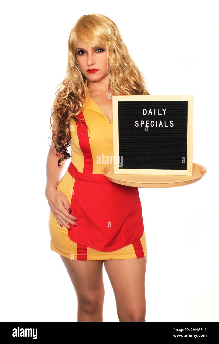 Waitress With Daily Specials Sign on Serving Tray and white background ...
