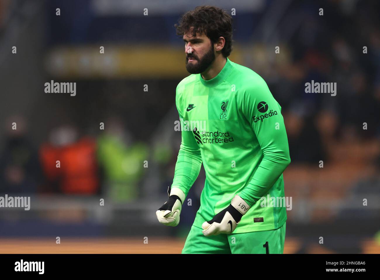 Milan, Italy, 16th February 2022. Alisson Becker of Liverpool FC reacts ...