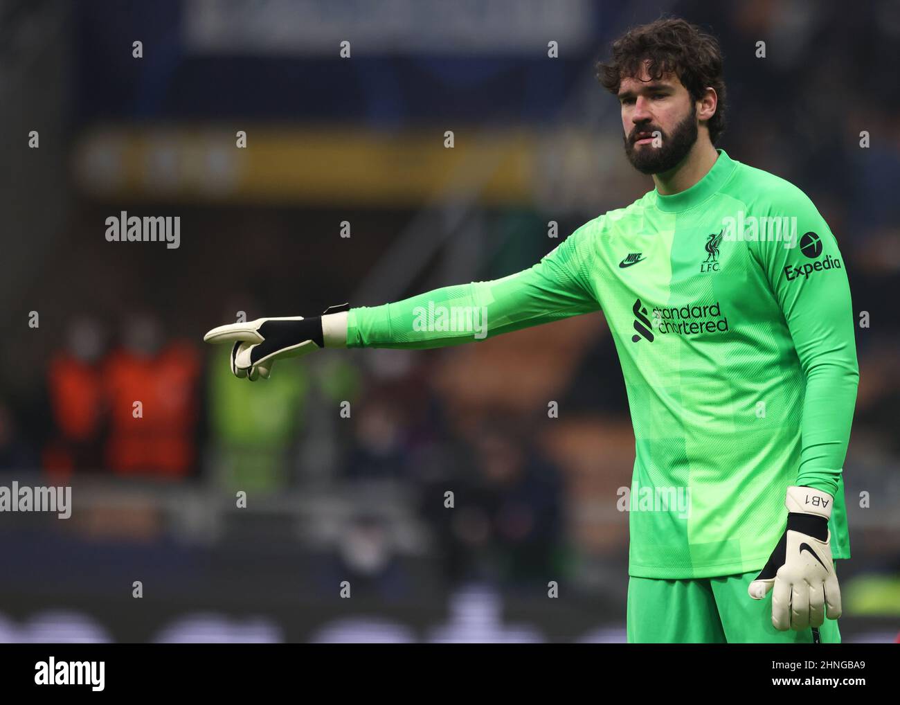 Milan, Italy, 16th February 2022. Alisson Becker of Liverpool FC reacts ...