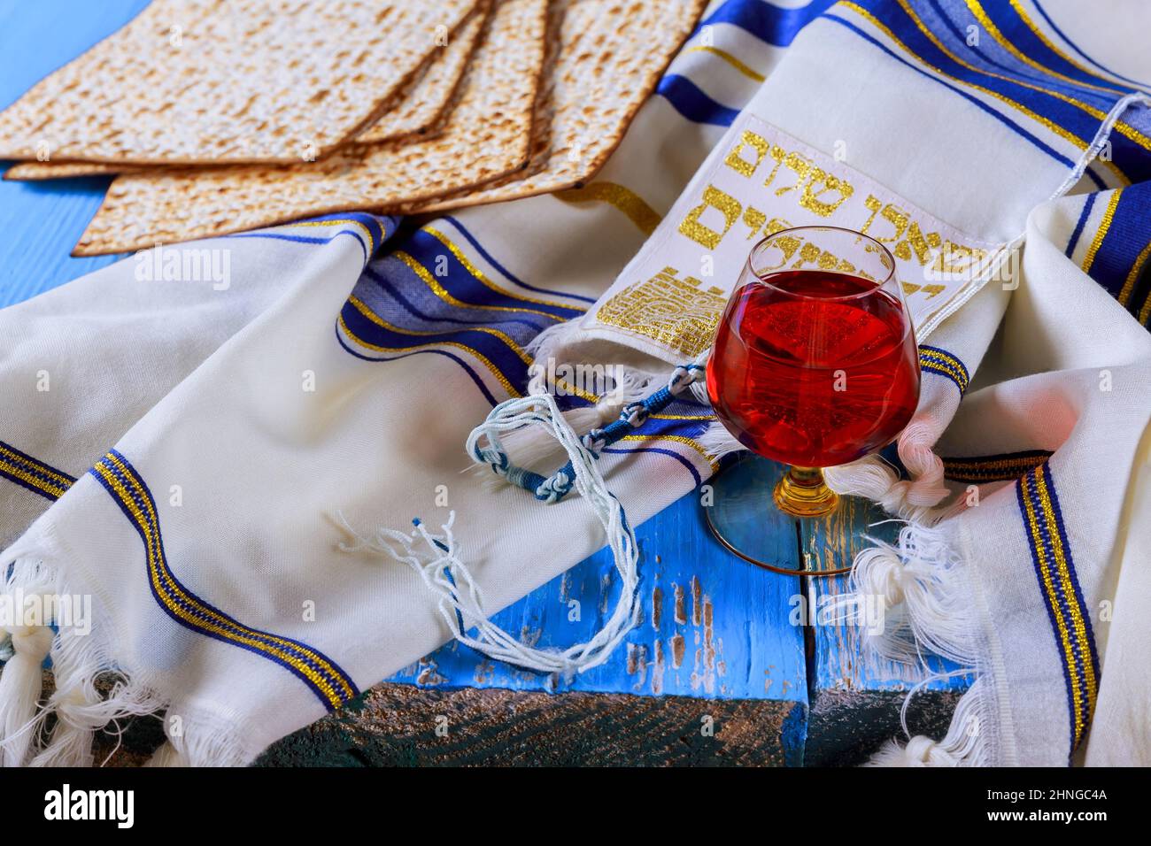 Matza and cup kosher wine on passover with Judaism tradishional ...
