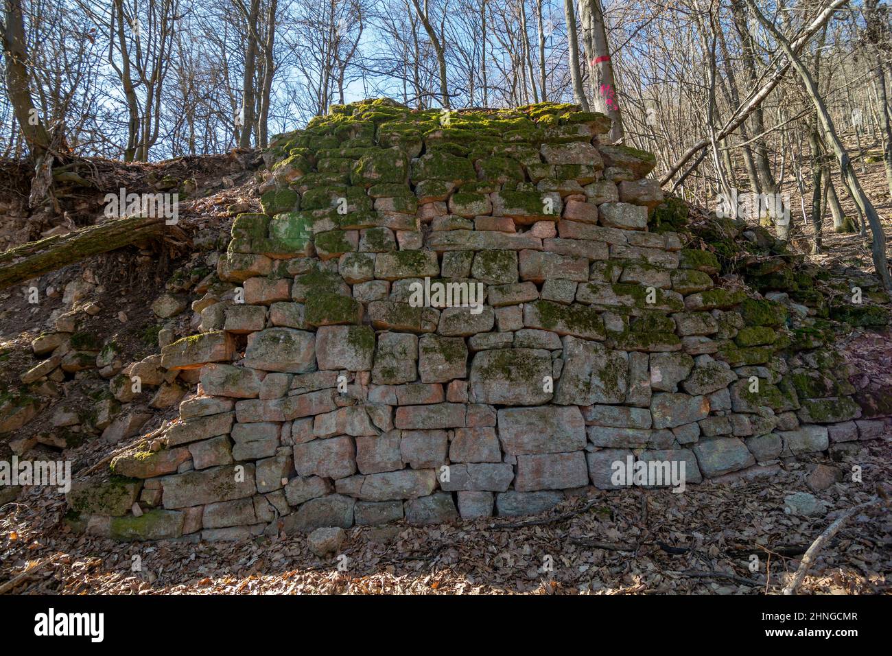 Ancient fragments of rock wall in the forest protecting road from ...