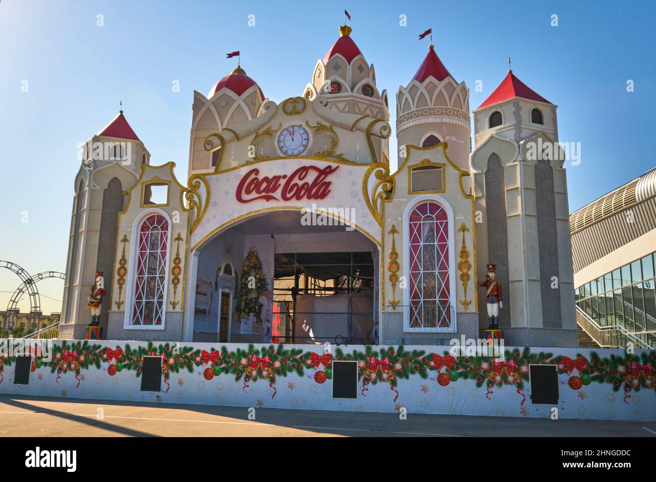 A temporary holiday stage of a fantasy castle, sponsored by beverage ...