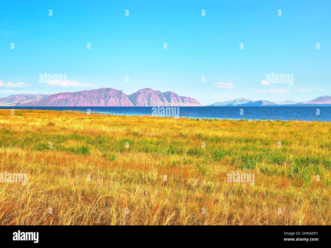 Steppe plain on the background of Mount Tepsey under a blue cloudy sky. Siberia, Russia Stock ...
