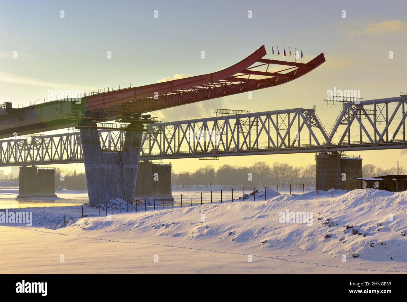 Bridges on the winter embankment. Railway and Central bridges under ...