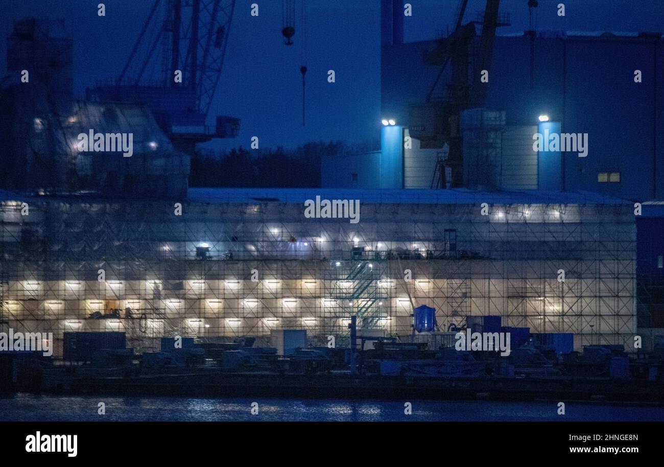 Wolgast, Germany. 15th Feb, 2022. View of the shipyard area with the ...