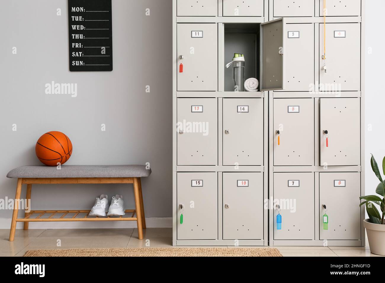 Locker with sport equipment and bench in change-room Stock Photo - Alamy