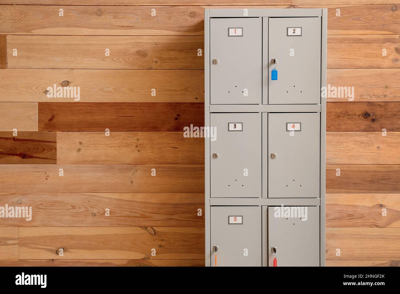 Modern locker near wooden wall Stock Photo - Alamy