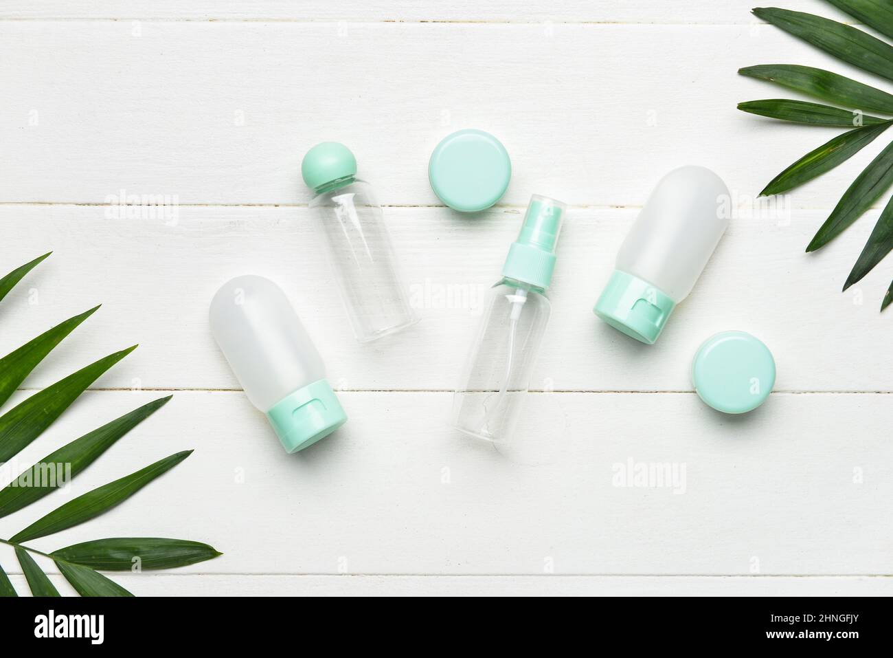 Set of empty travel bottles, jars and palm leaves on light wooden ...